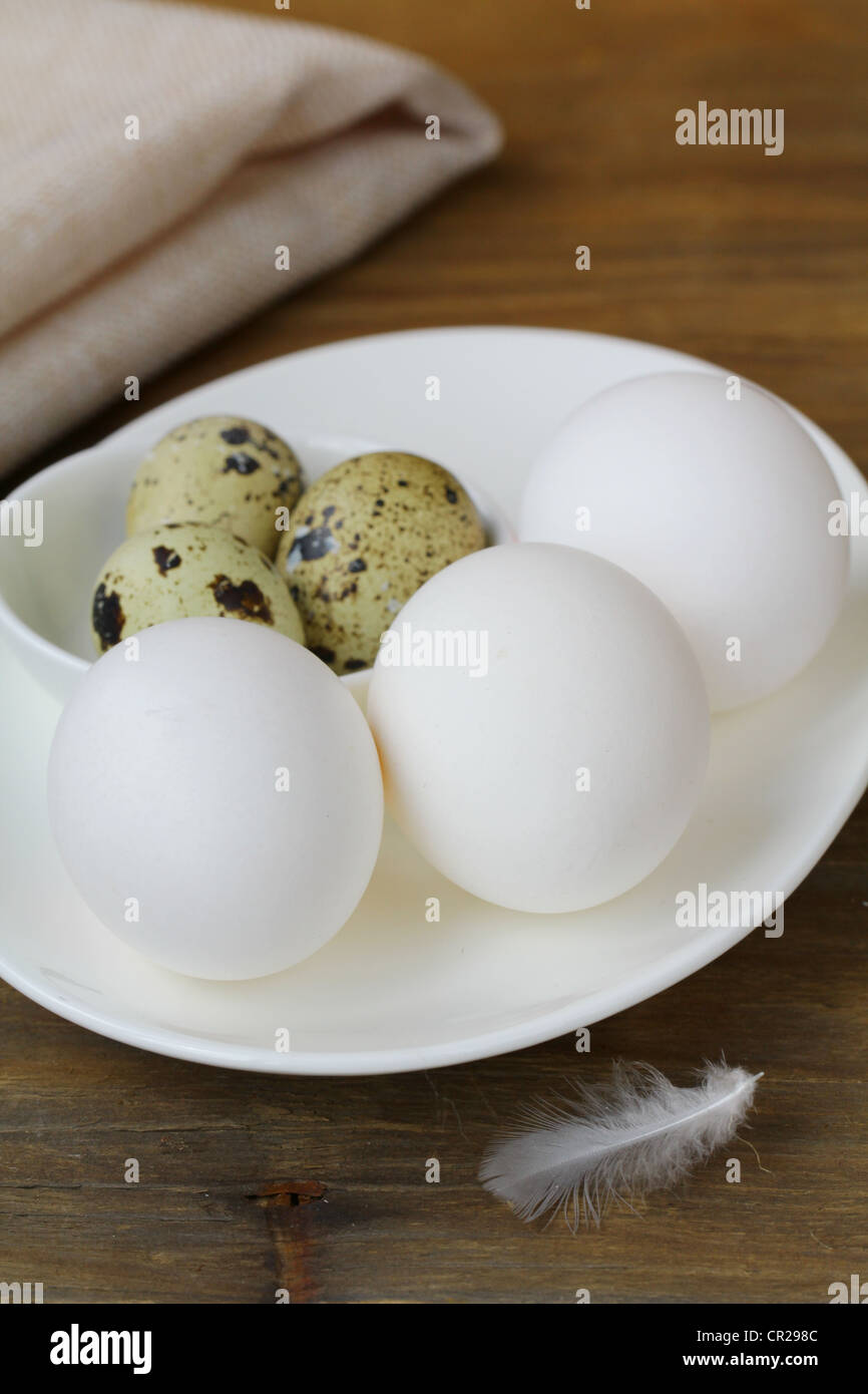 chicken and quail eggs , rustic style Stock Photo - Alamy