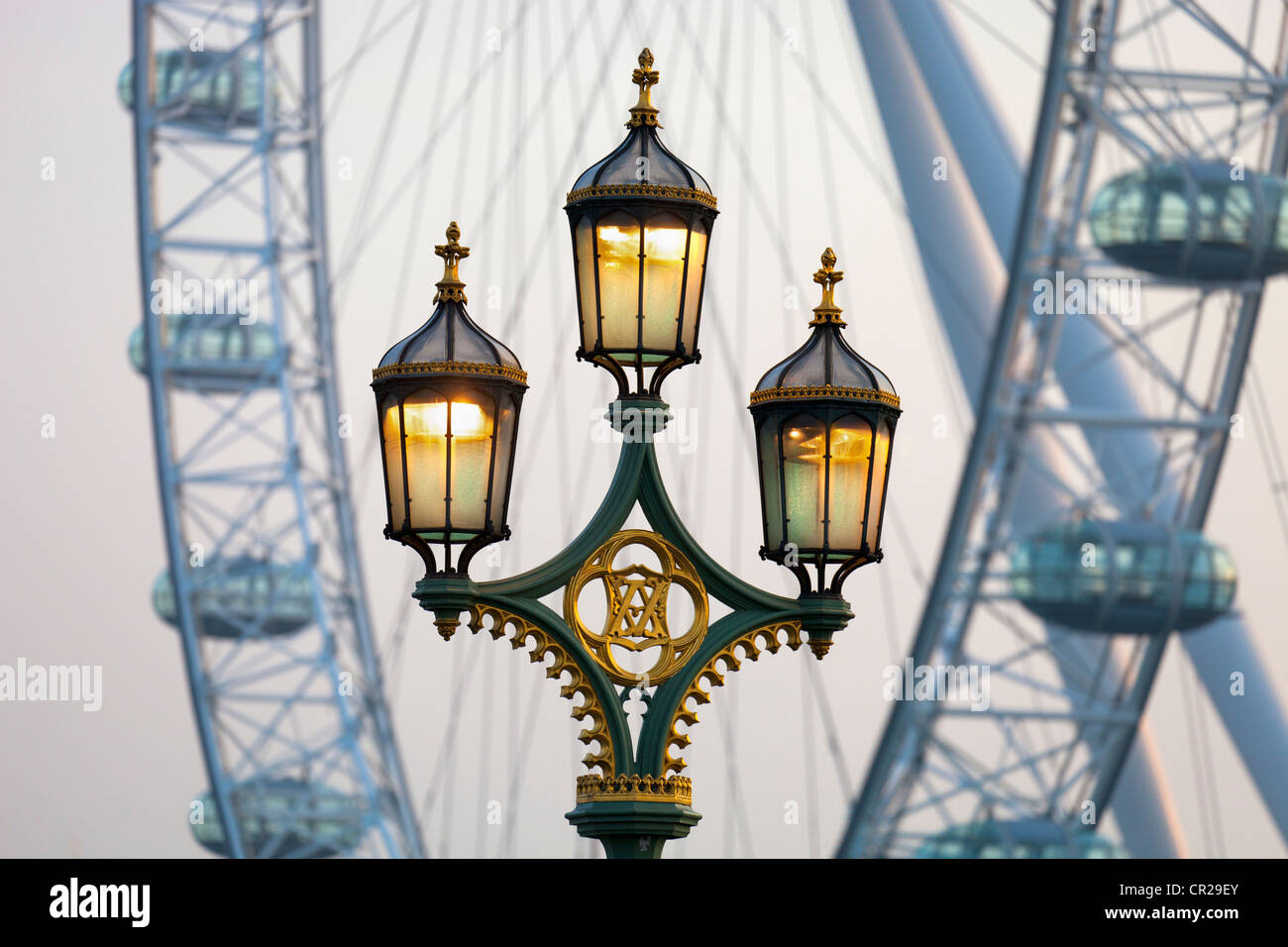 Westminster Bridge lanterns and the London Eye,early spring morning 1 ...
