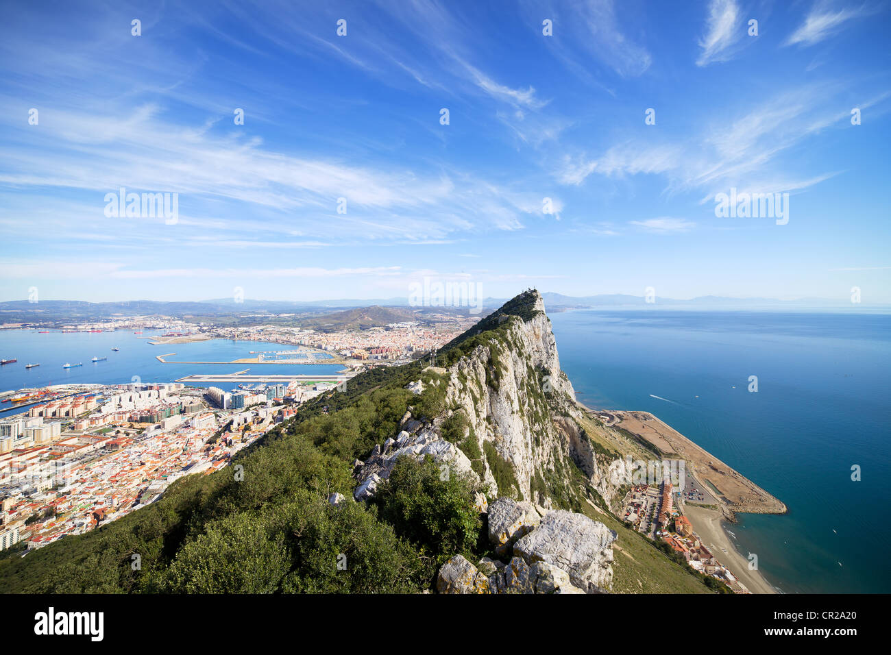 Gibraltar Rock, on the left Gibraltar town and bay, La Linea town in ...