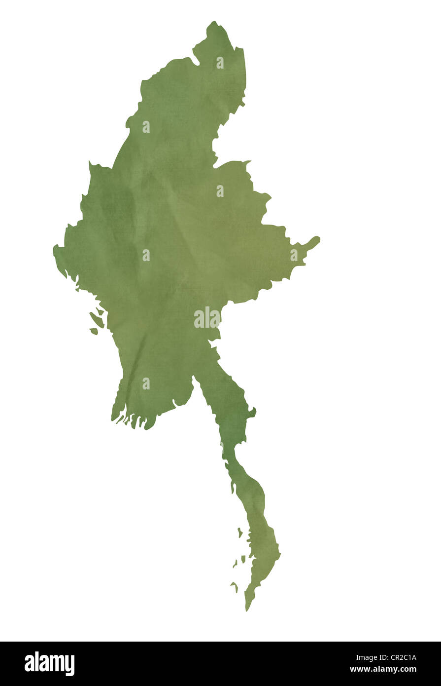 Old green map of Burma in textured green paper, isolated on white ...