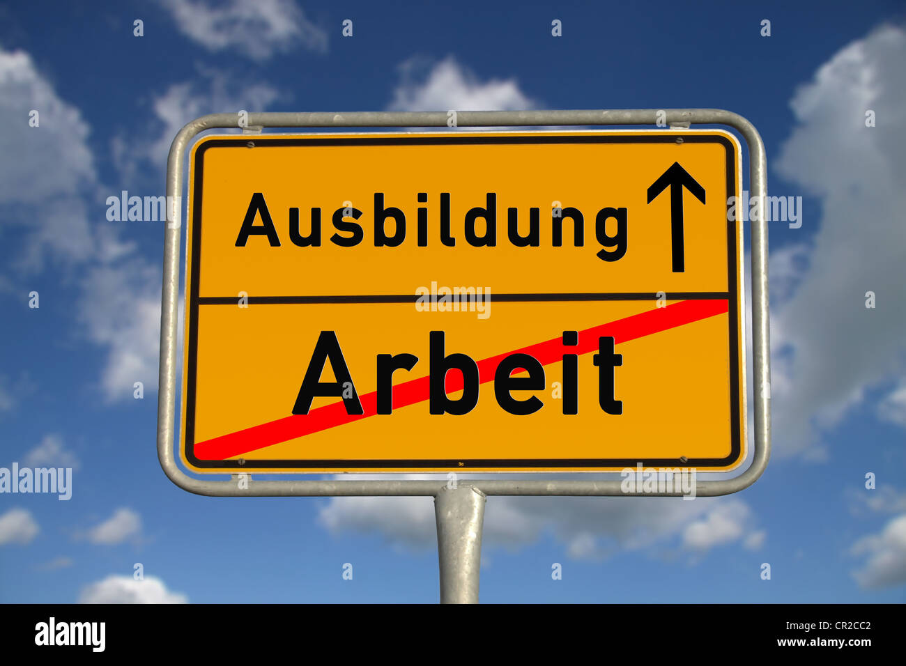 German road sign work and apprenticeship with blue sky and white clouds ...