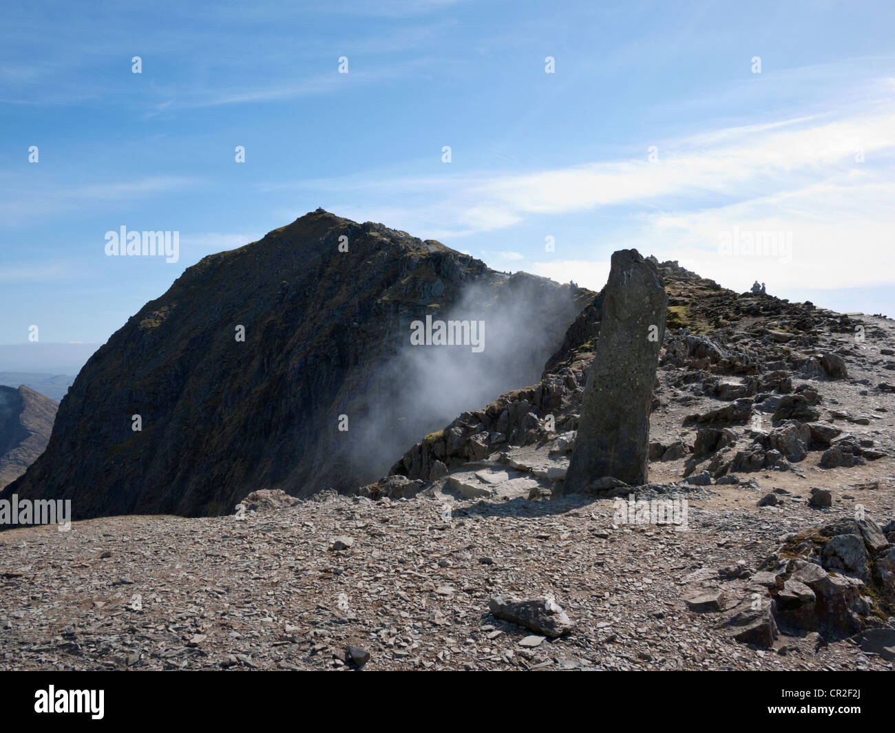 Yr Wyddfa, the summit of Snowdon, viewed from the Pyg Track marker ...