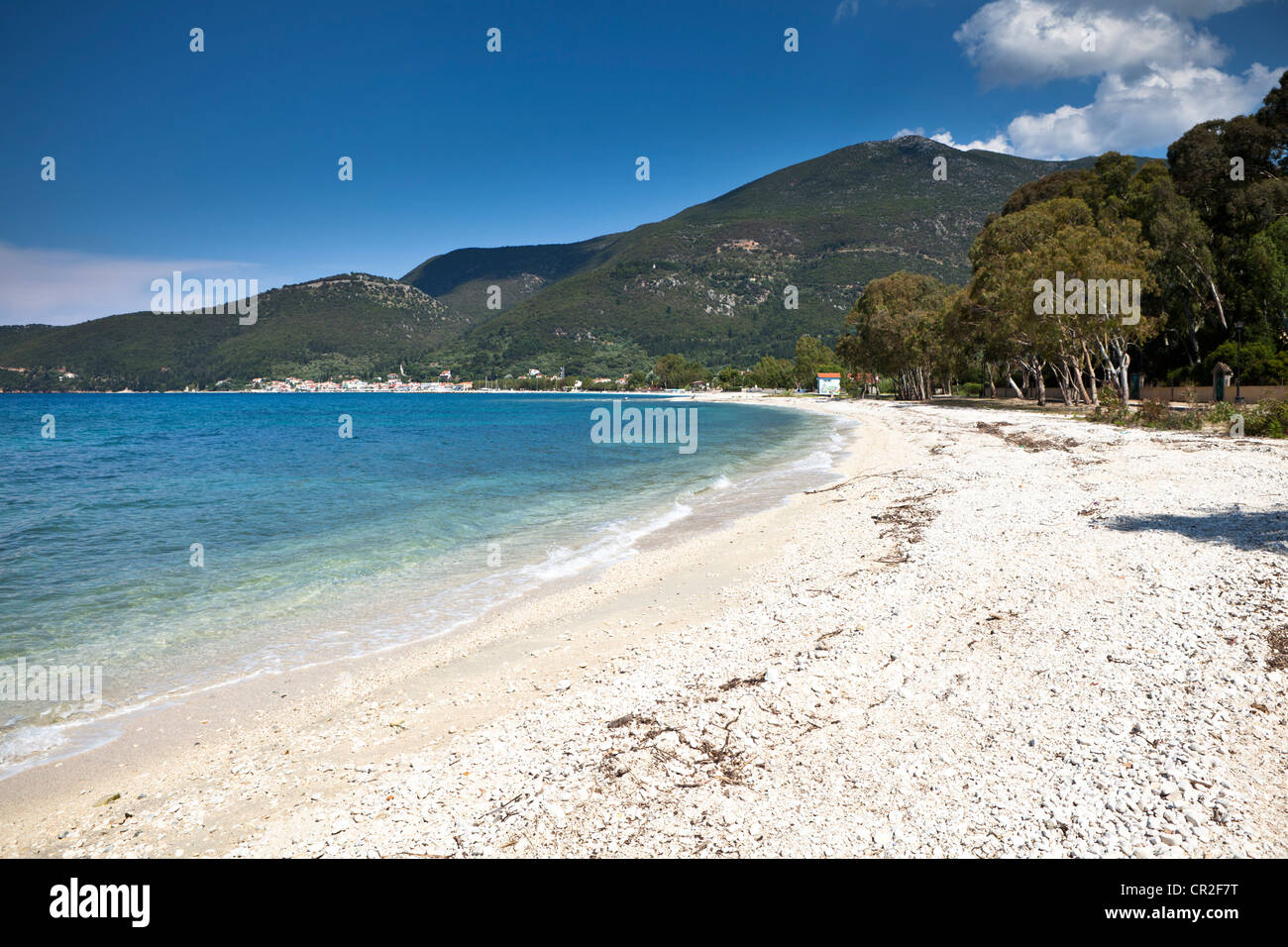 The beach at Karavomilos looking towards Sami on the island of ...
