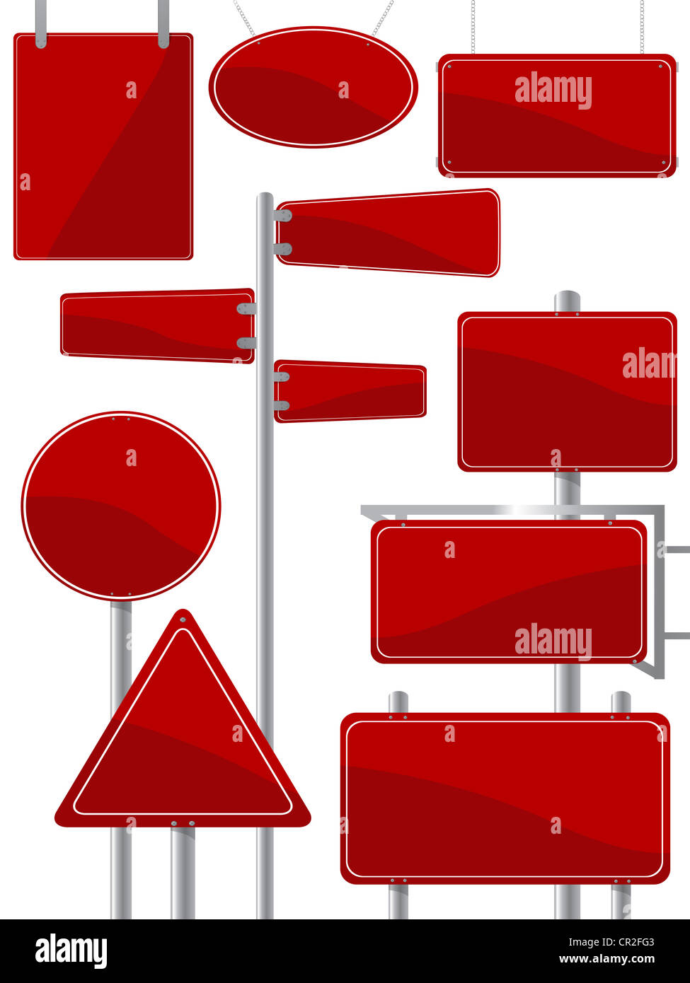 Image shows a street sign collection in red colors against white ...