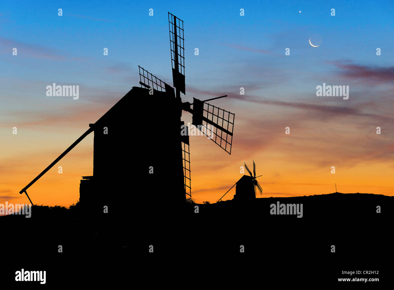 Moon and Venus over Spanish Windmills at dusk Stock Photo - Alamy
