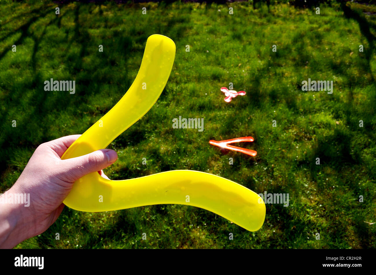 Hand holding boomerang thrown flying toy for play outside Stock Photo ...