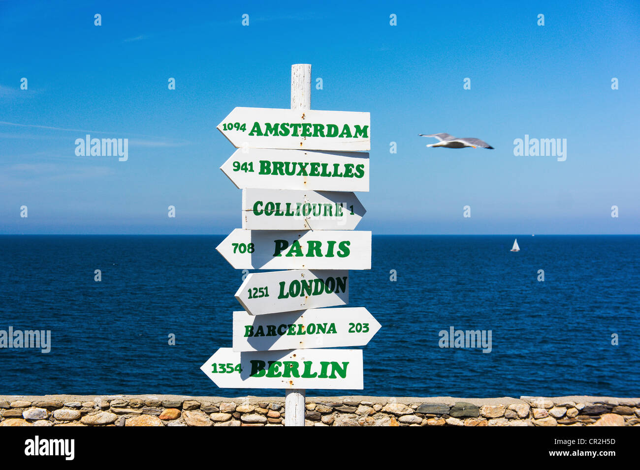 A sign post showing the direction and distances, in Kilometres, to some ...