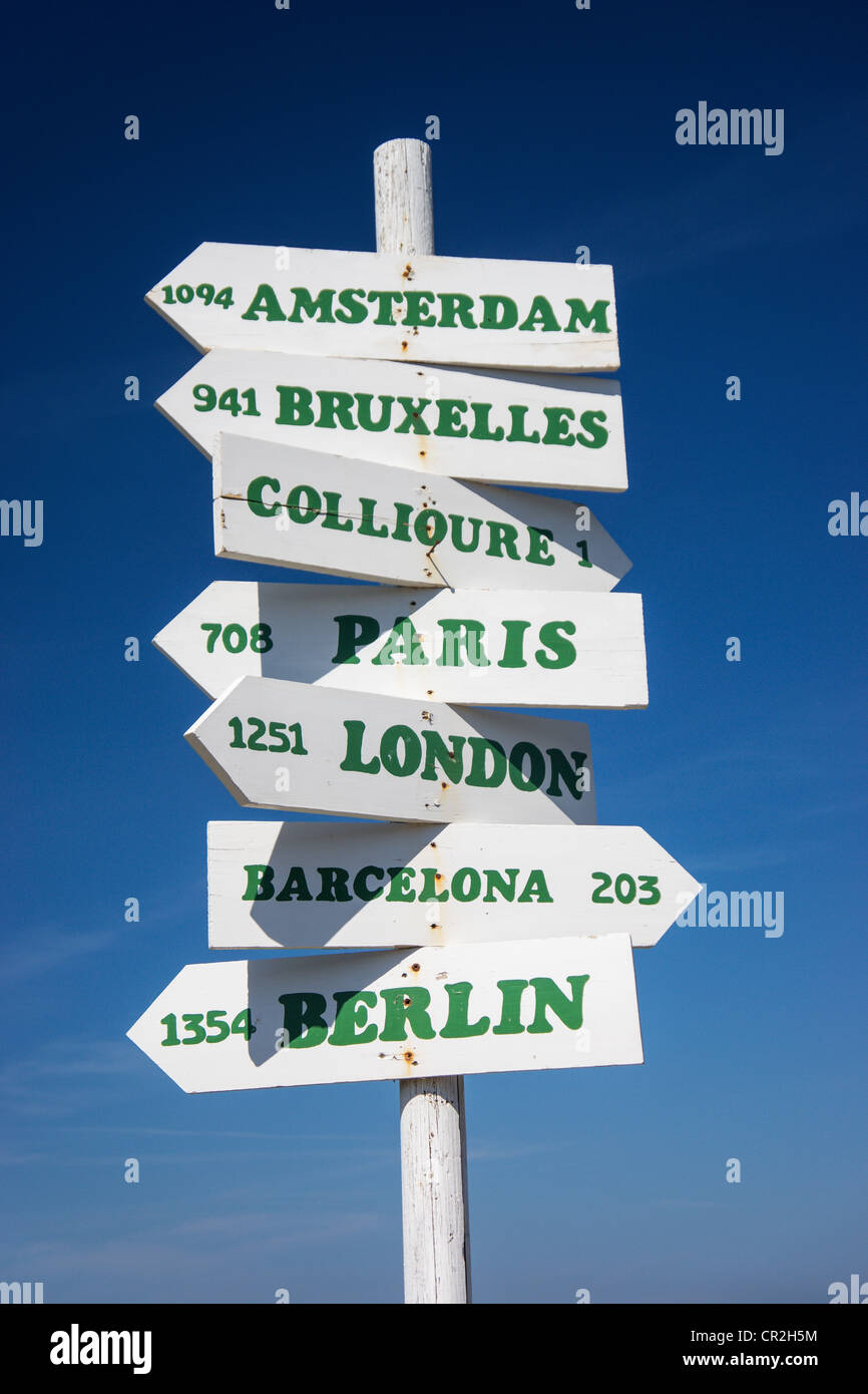 A sign post showing the direction and distances, in Kilometres, to some ...