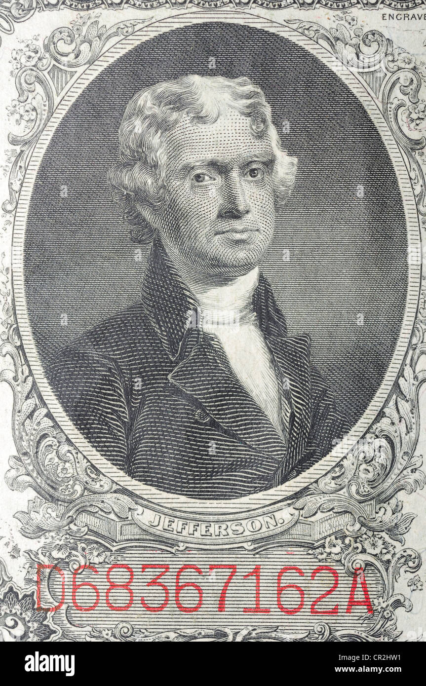 Historic banknote, Portrait of the U.S. President of Jefferson in two ...
