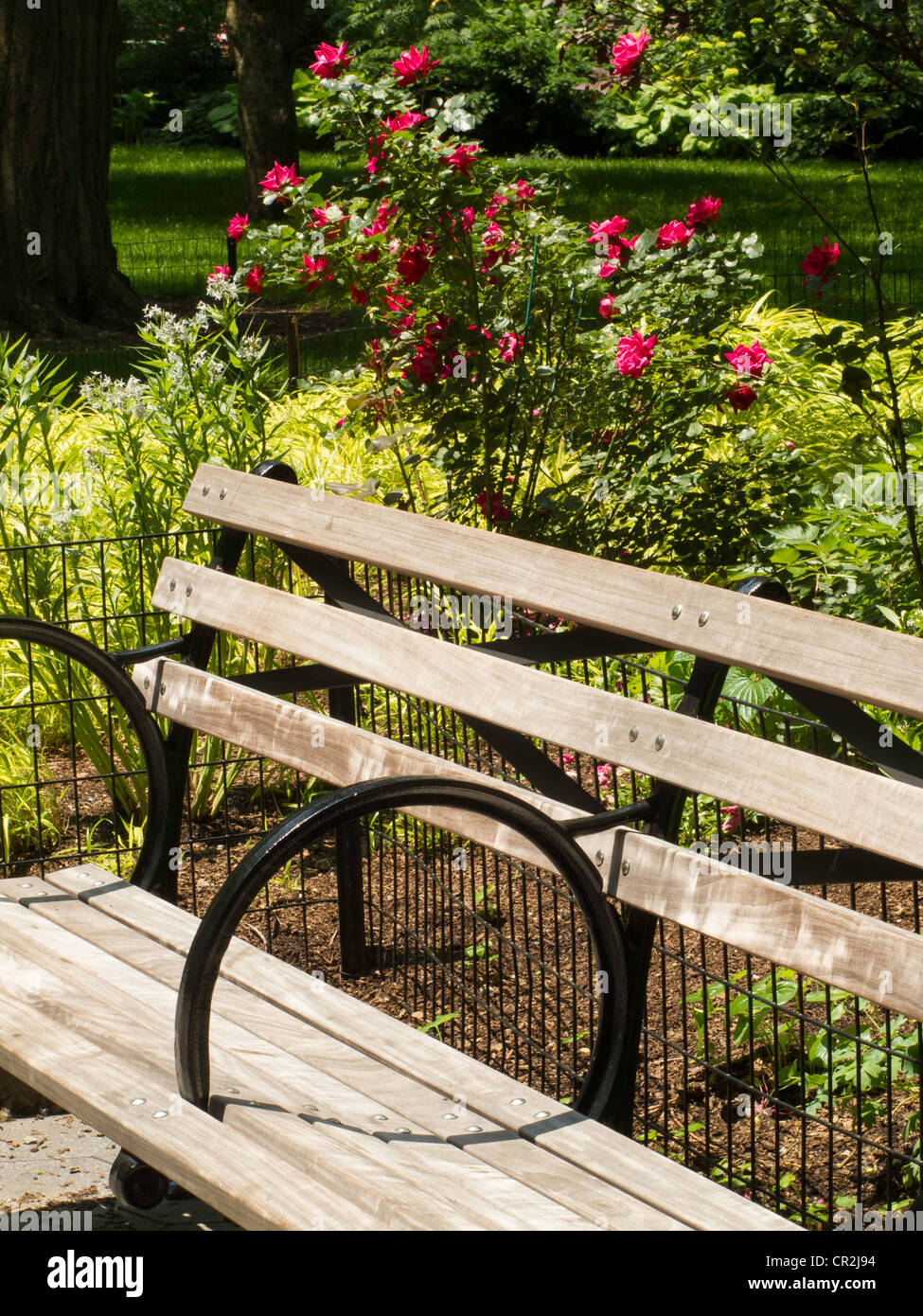 Park bench and flowers, Springtime, Nomad, NYC Stock Photo - Alamy