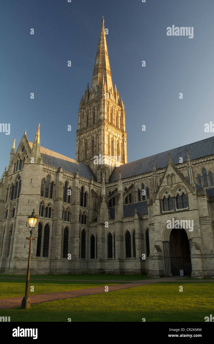 Salisbury Cathedral bathed in clear winter sunshine, its tall elegant ...