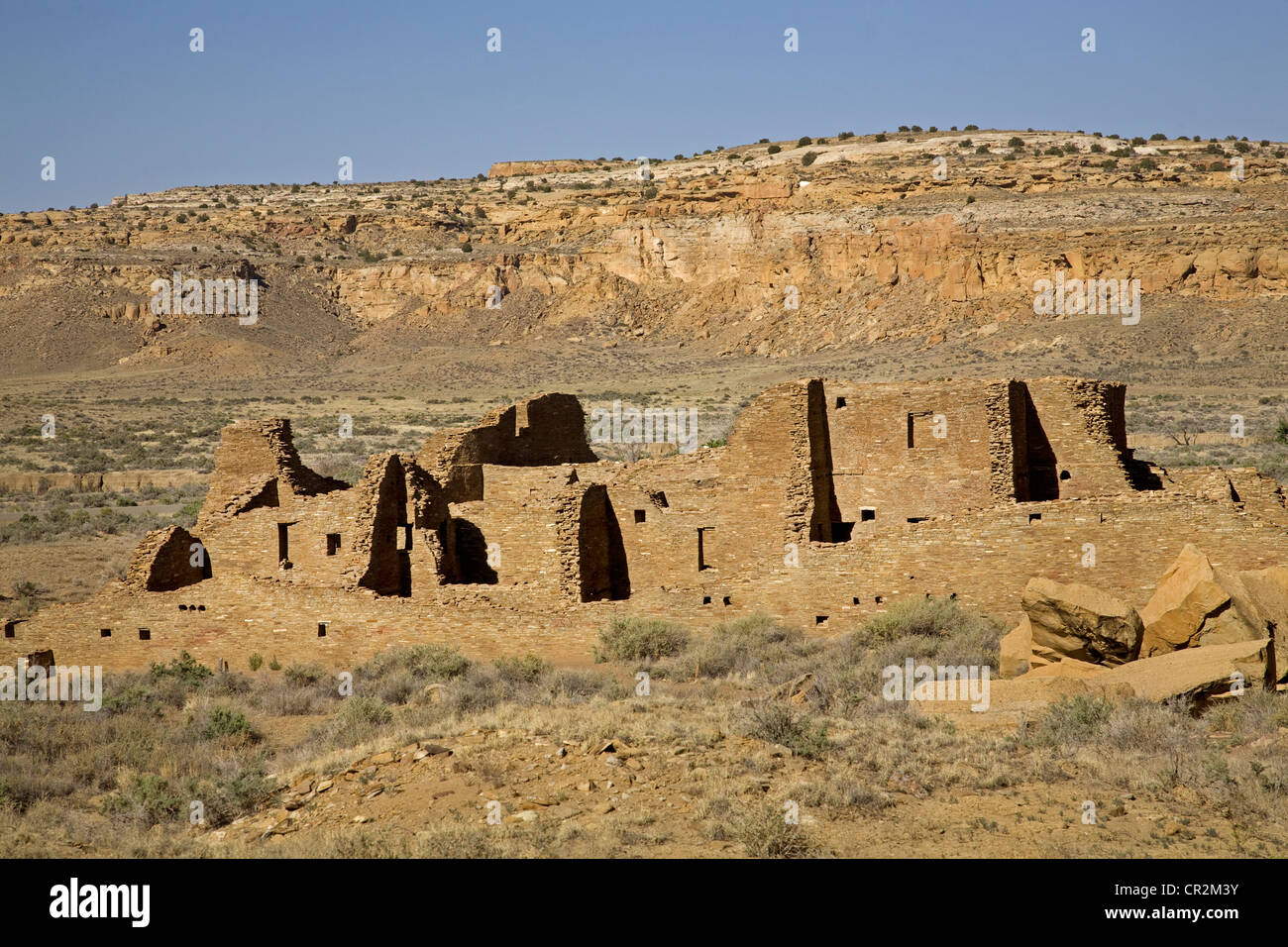 The sandstone walls of the Anasazi great house of Pueblo Bonito, Chaco ...
