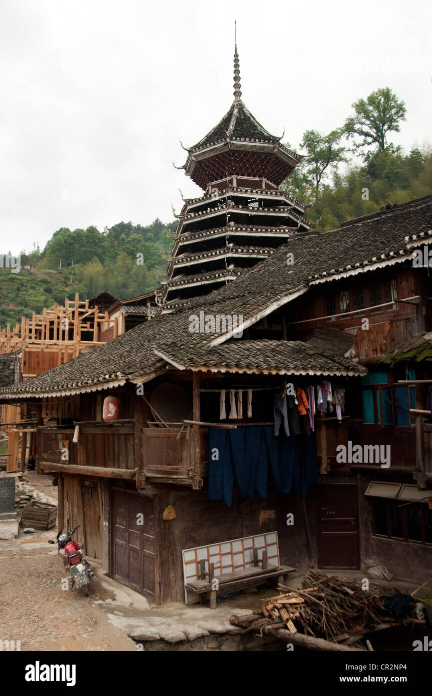 A traditional Dong wooden house and a Drum Tower, Zhaoxing Dong Village ...