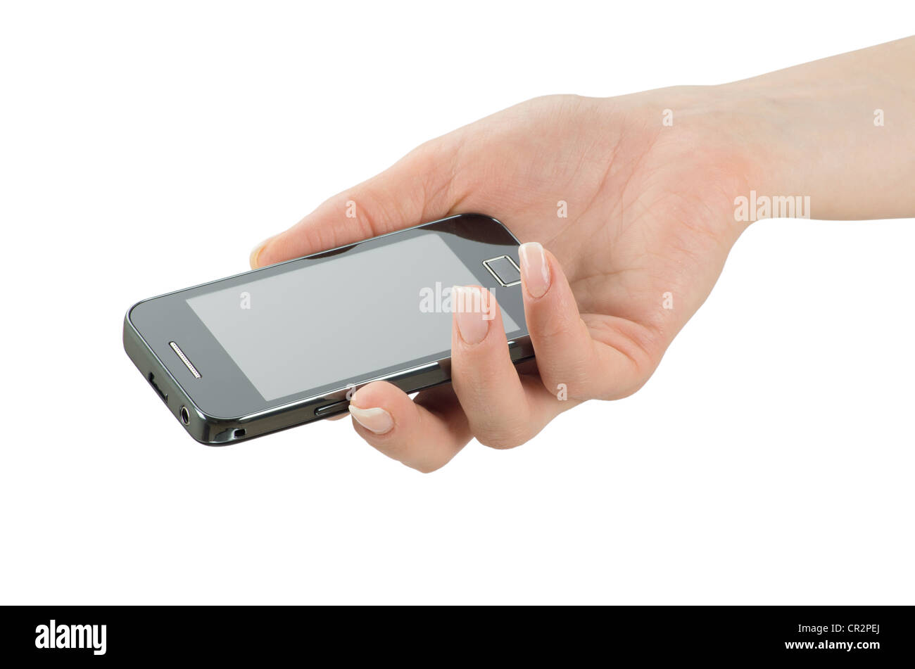 Hand holding mobile isolated on white Stock Photo - Alamy