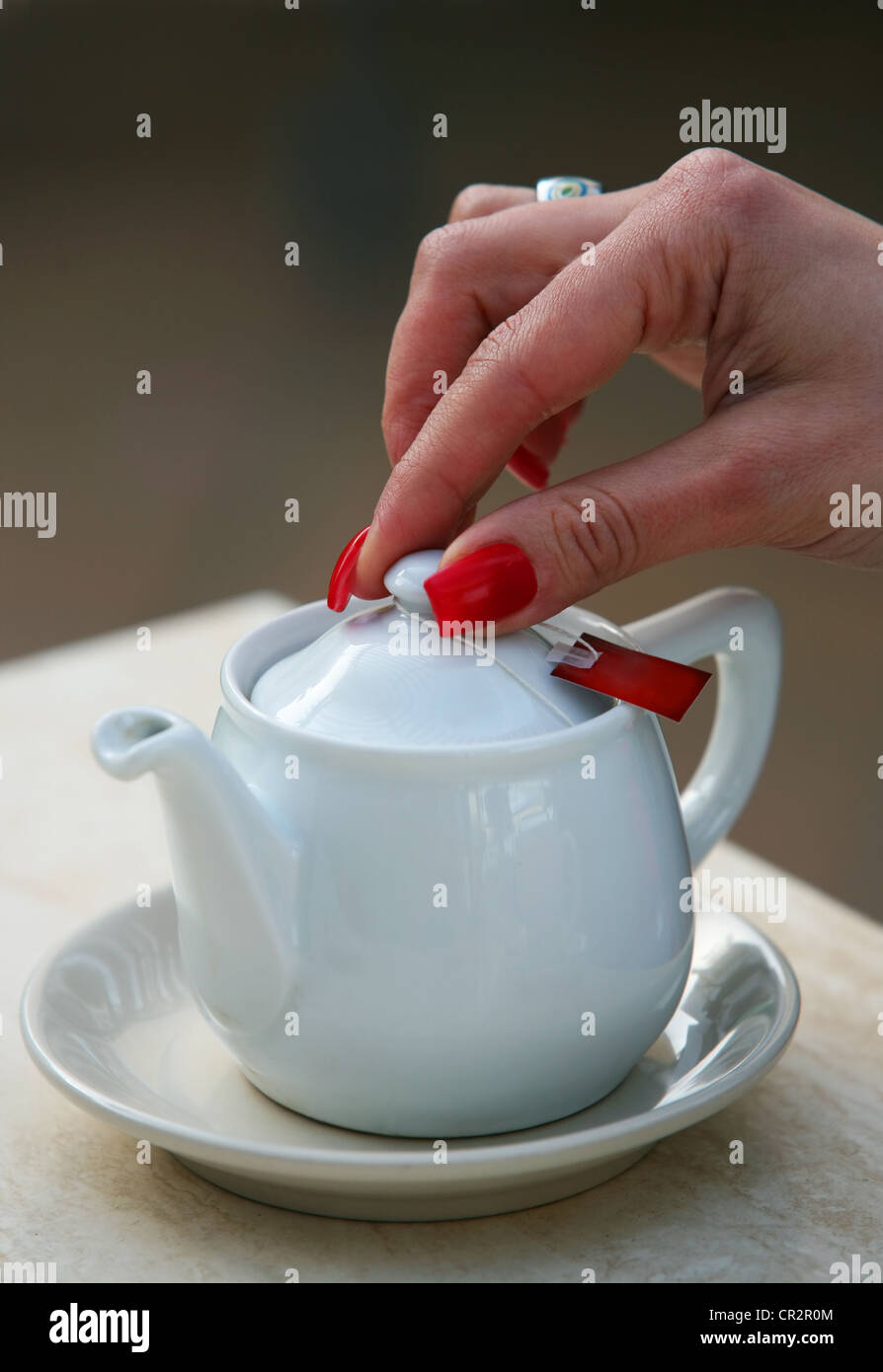 White tea teapot and female hand Stock Photo - Alamy