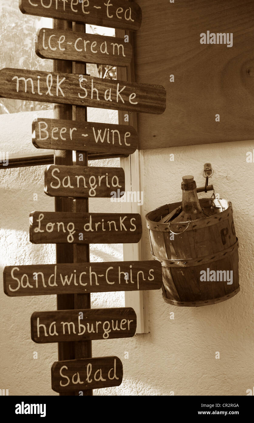 The outdoor wooden menu of a bar Stock Photo - Alamy