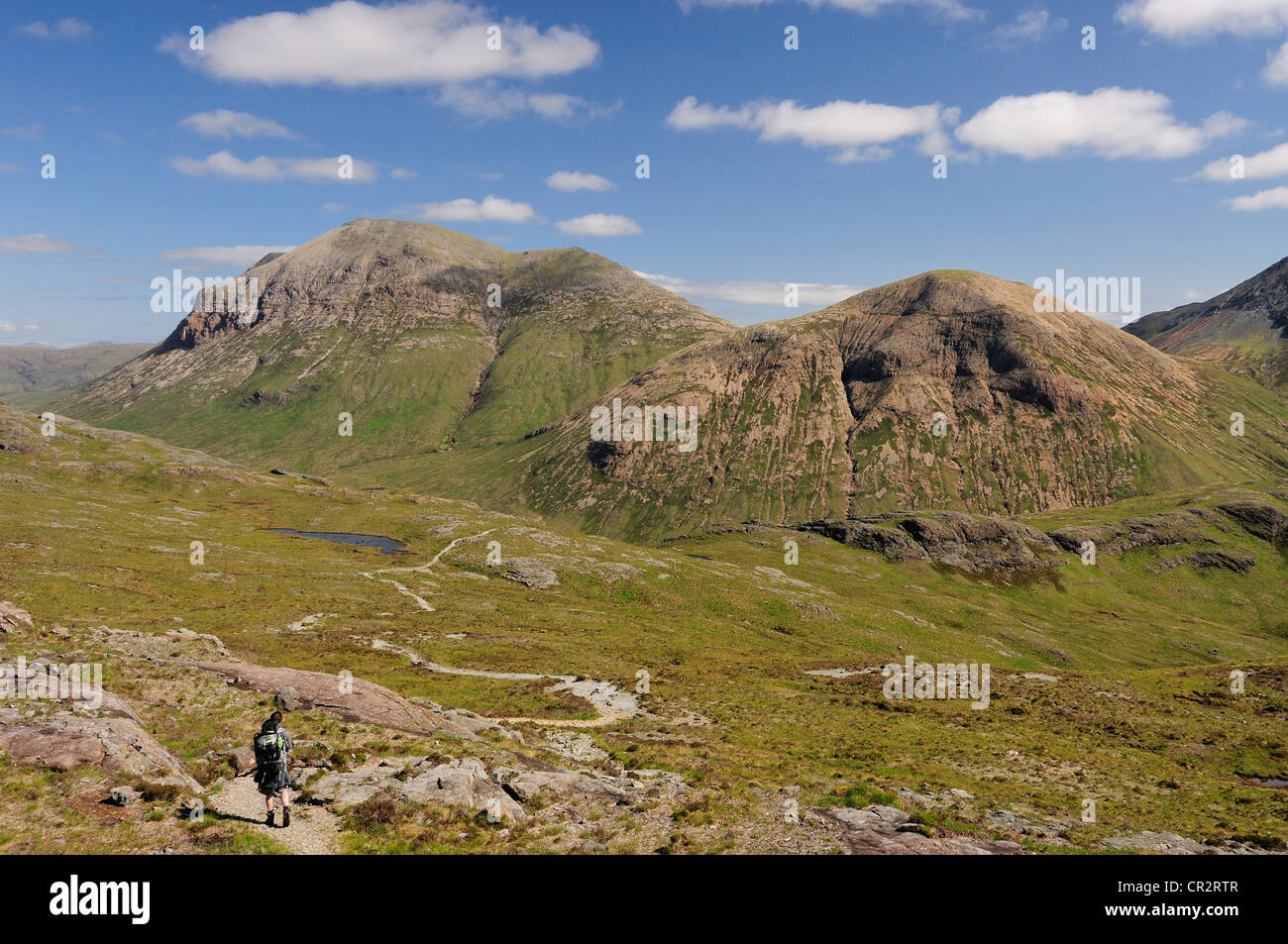 Walker in summer on the Isle of Skye descending Druim Hain towards Glen ...