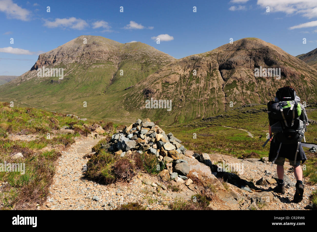 Backpacker descending Druim Hain into Glen Sligachan in summer on the ...