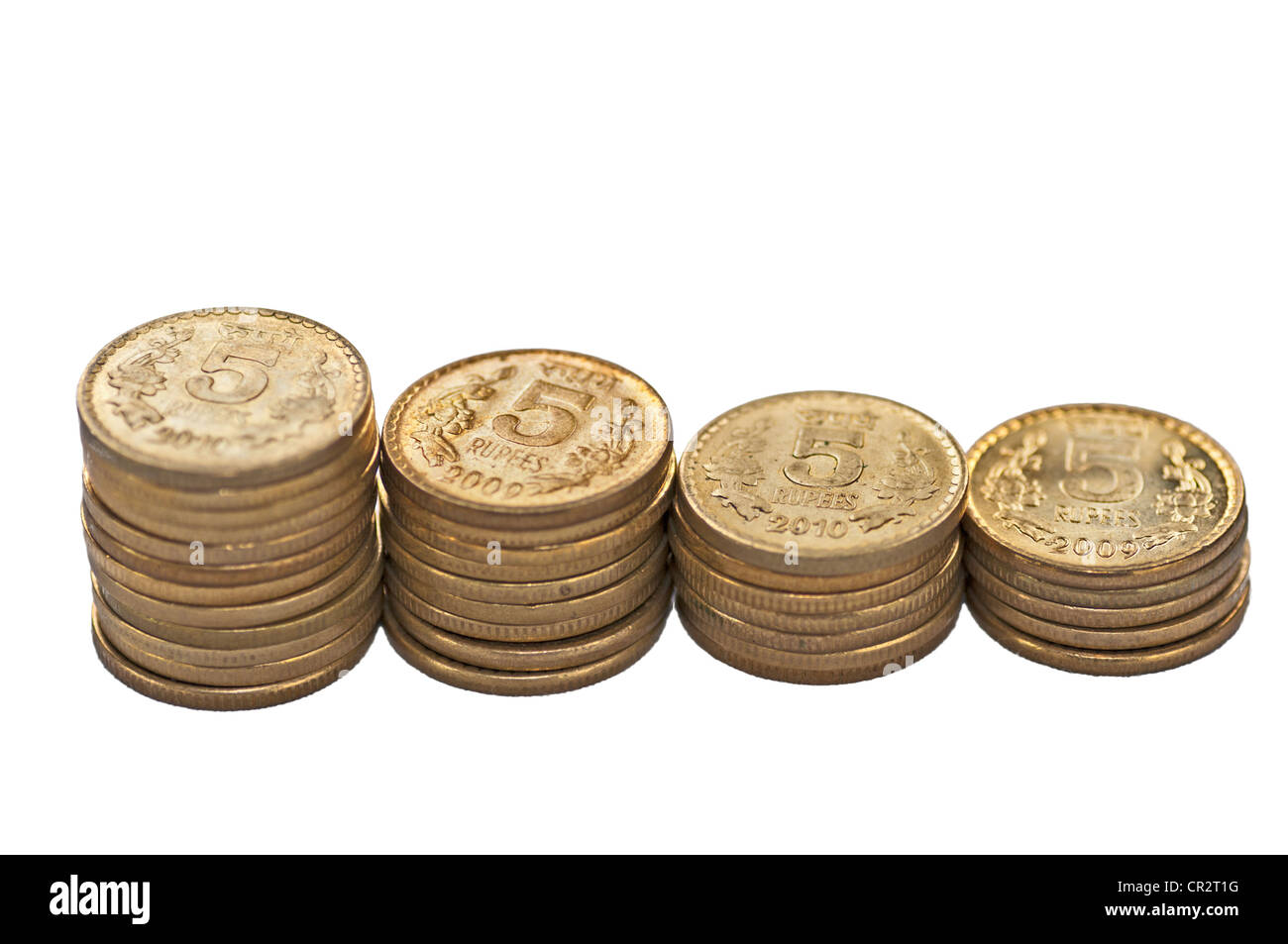 Close up of Indian Coin stack, 5 rupees, isolated on white background ...
