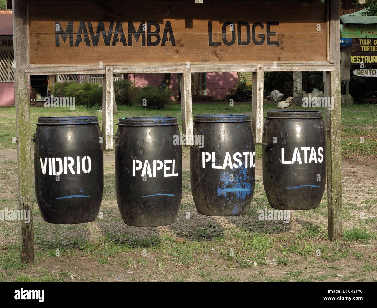 Recycle bins for glass, paper, plastic and tins in Spanish Stock Photo ...