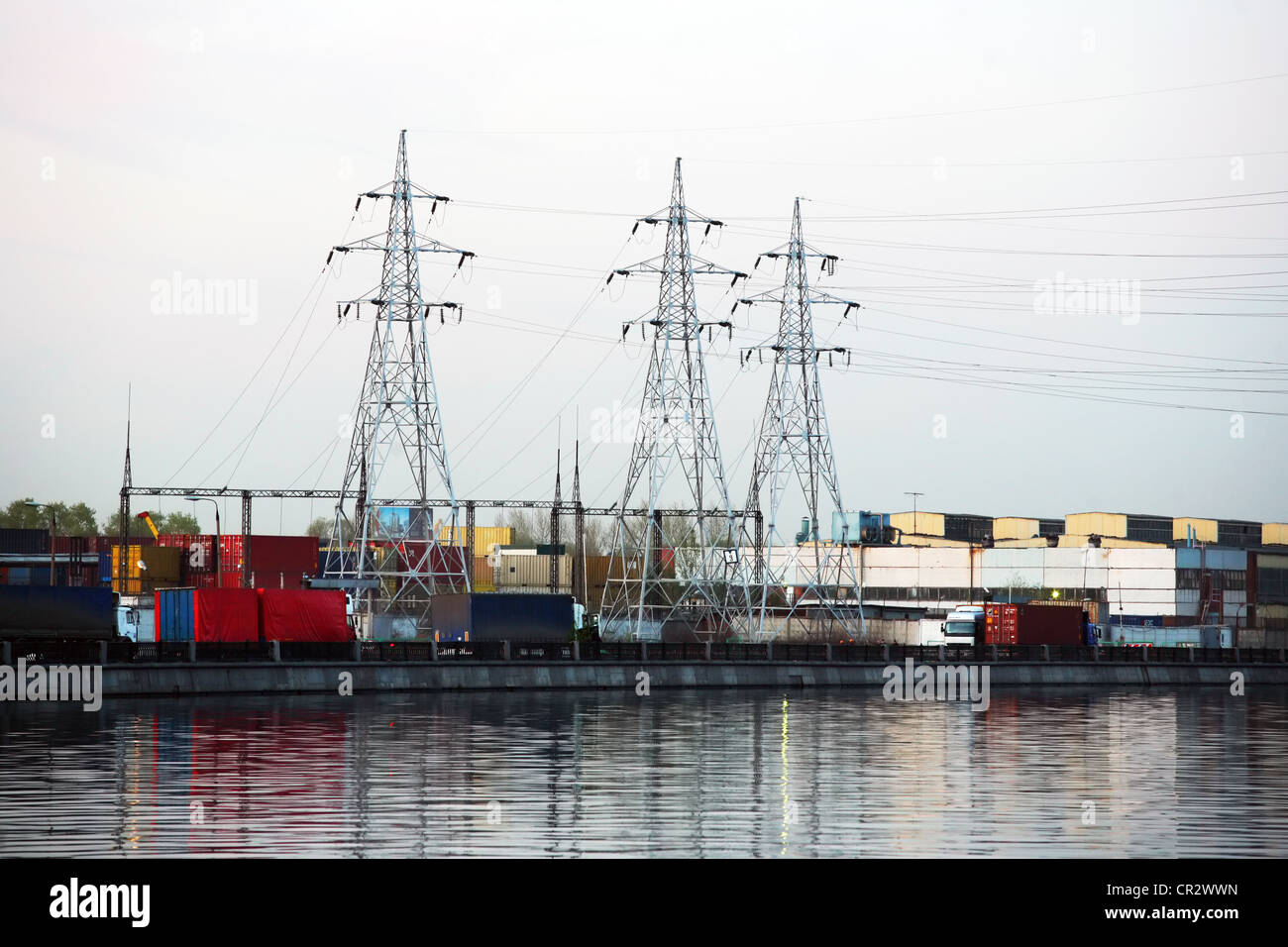 High-voltage line on a background of port Stock Photo - Alamy