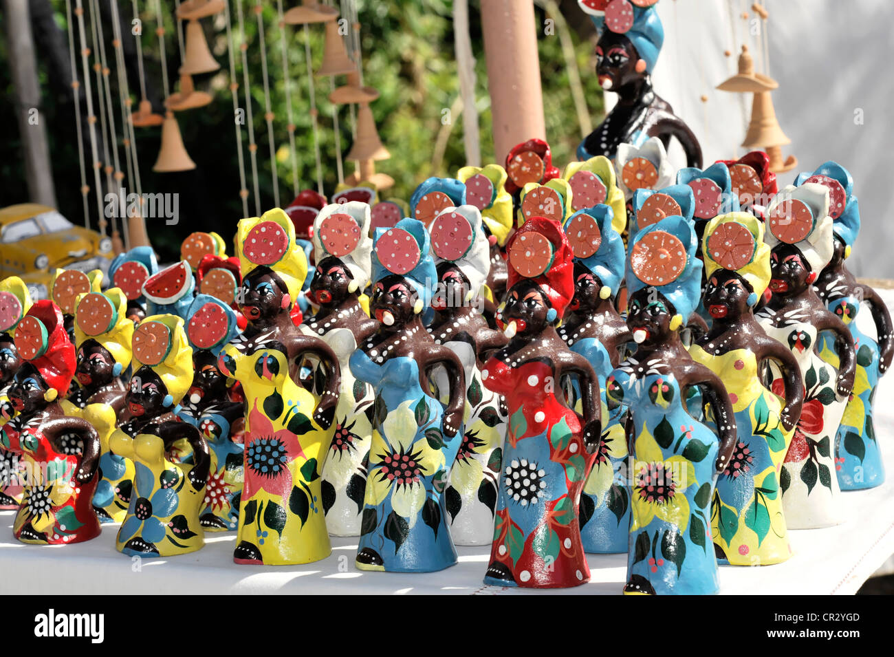 Female figures made of clay, pottery, souvenirs, market stall, Trinidad ...