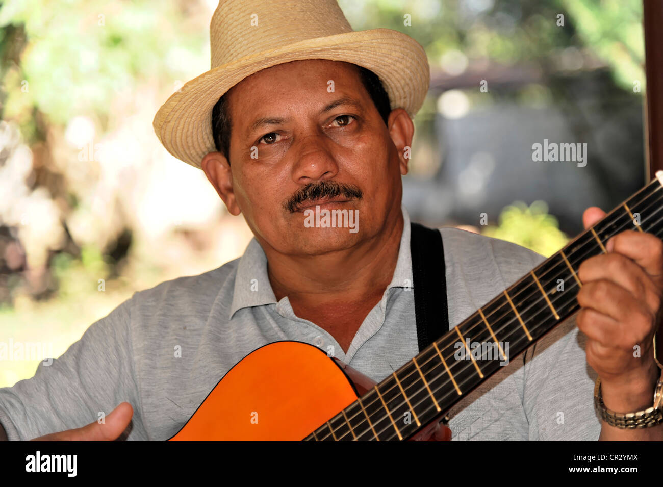 Cuban musician holding a guitar, employee of Jardin Botanico de ...
