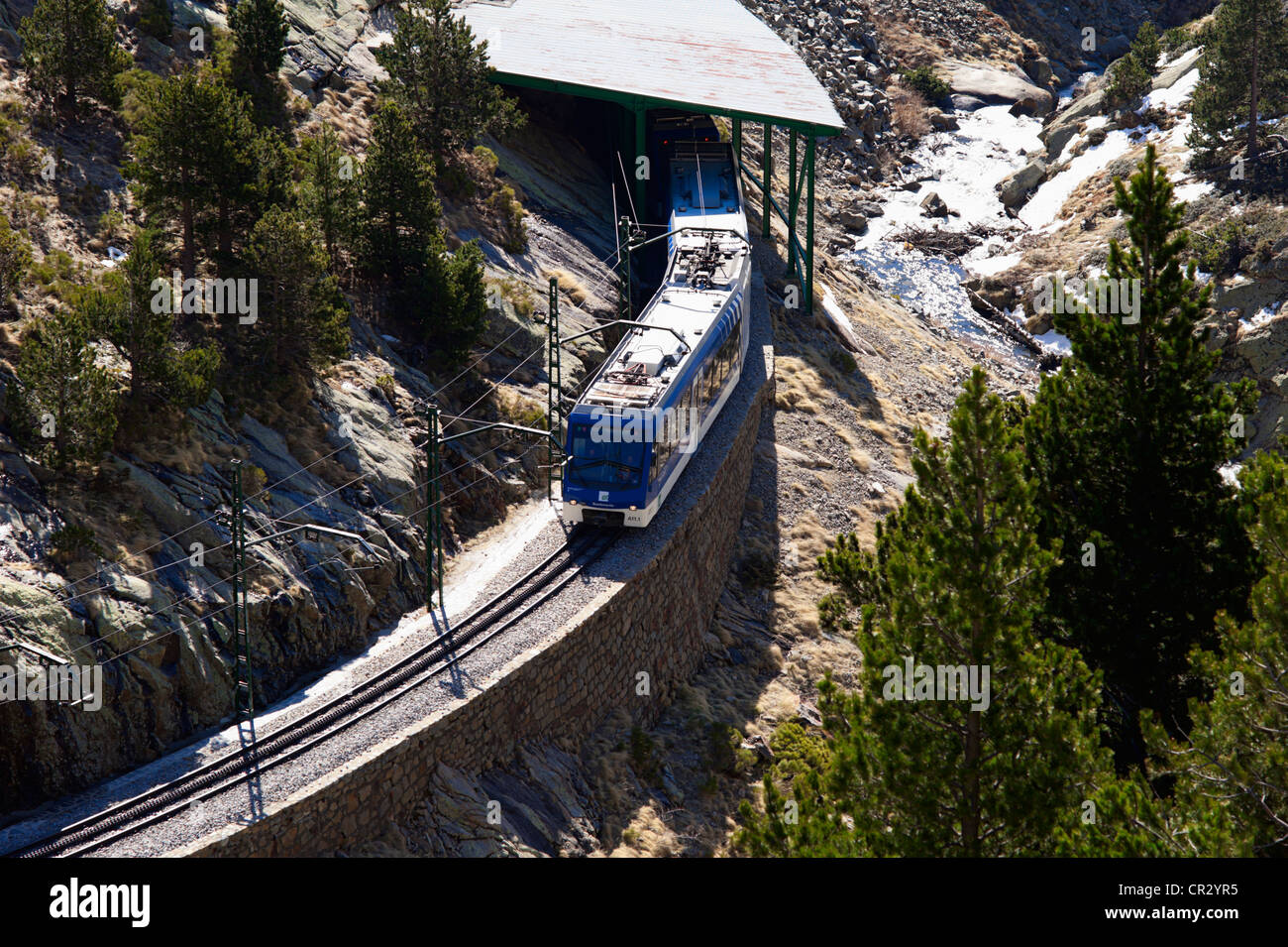 Cremallera de Núria rack railway in the Vall de Núria valley, Pyrenees ...