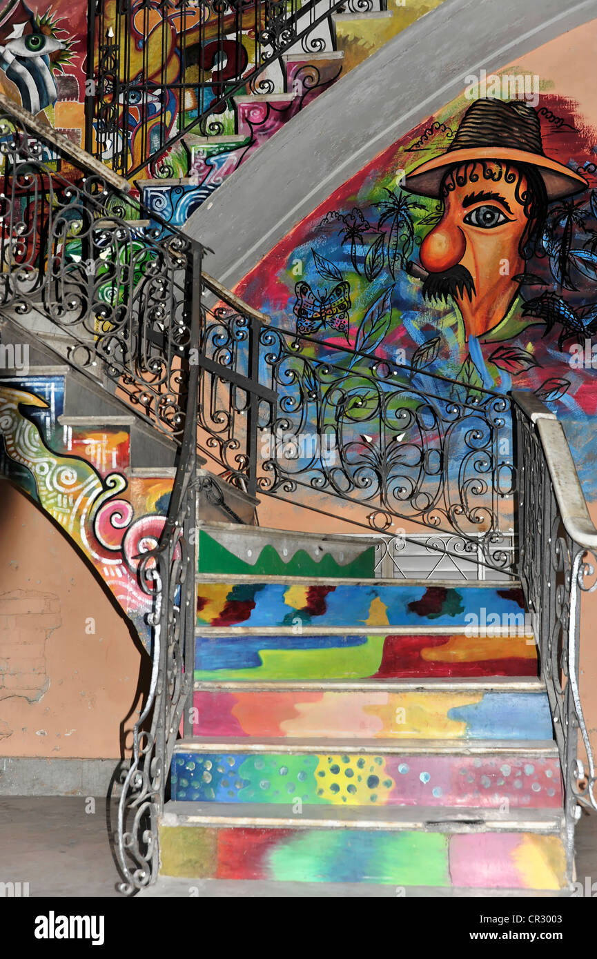 Colourfully painted stairs, house entrance, graffiti, Central Havana ...