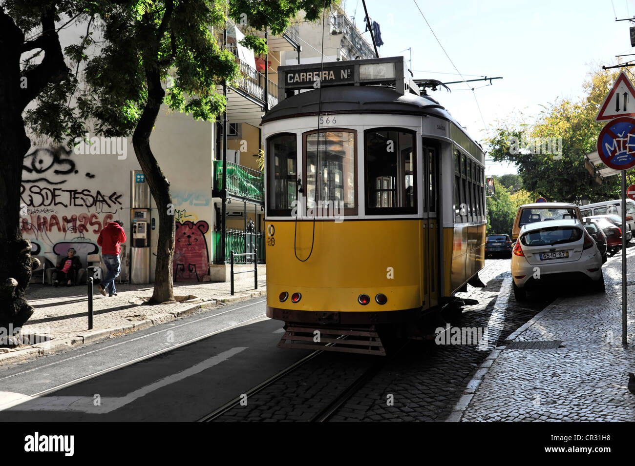 Tram line 12 in the old town neighbourhood of Alfama, Lisbon, Lisboa ...