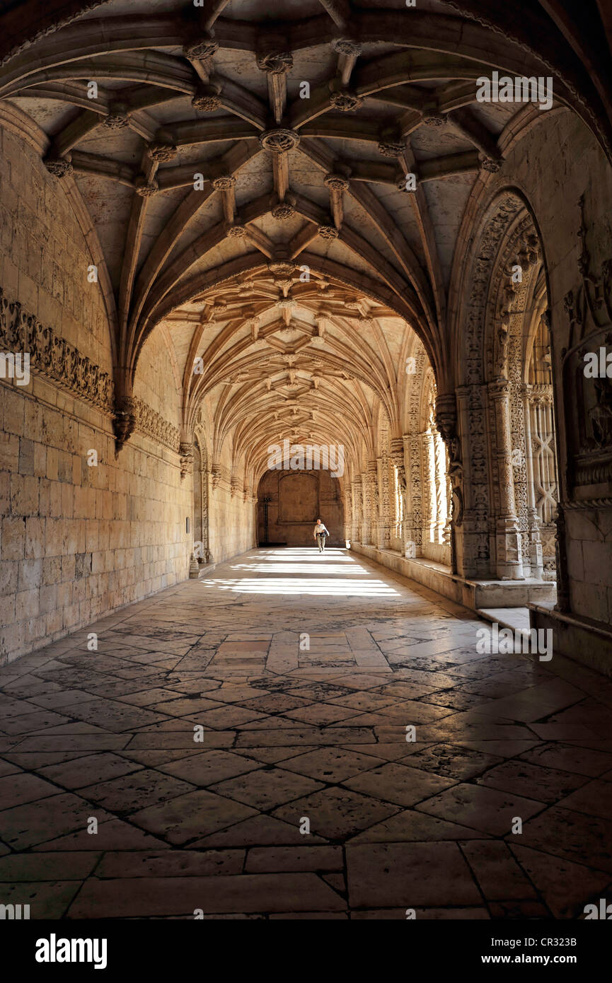 Cloister, courtyard of the two-storey monastery Mosteiro dos Jeronimos ...