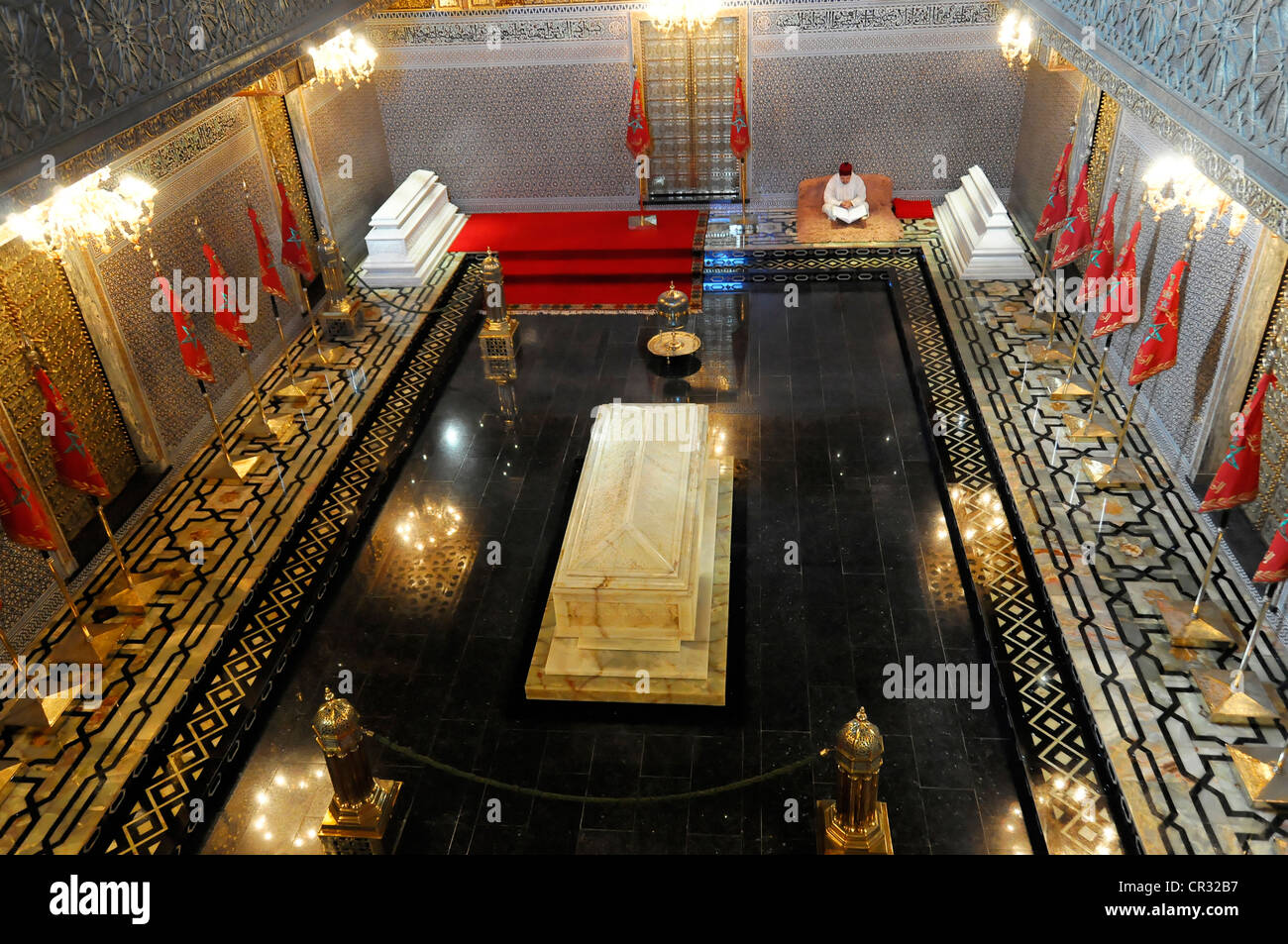 The illuminated mausoleum of King Mohammad V with the sarcophagus ...
