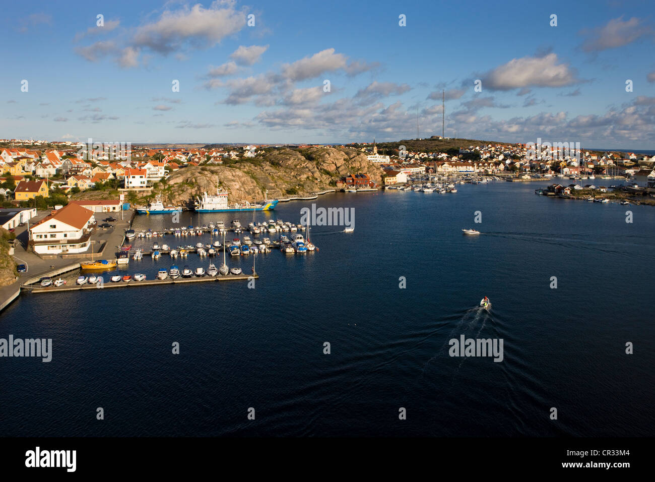 View over the port of Kungshamn, seen from Smoegen, Sweden, Scandinavia ...