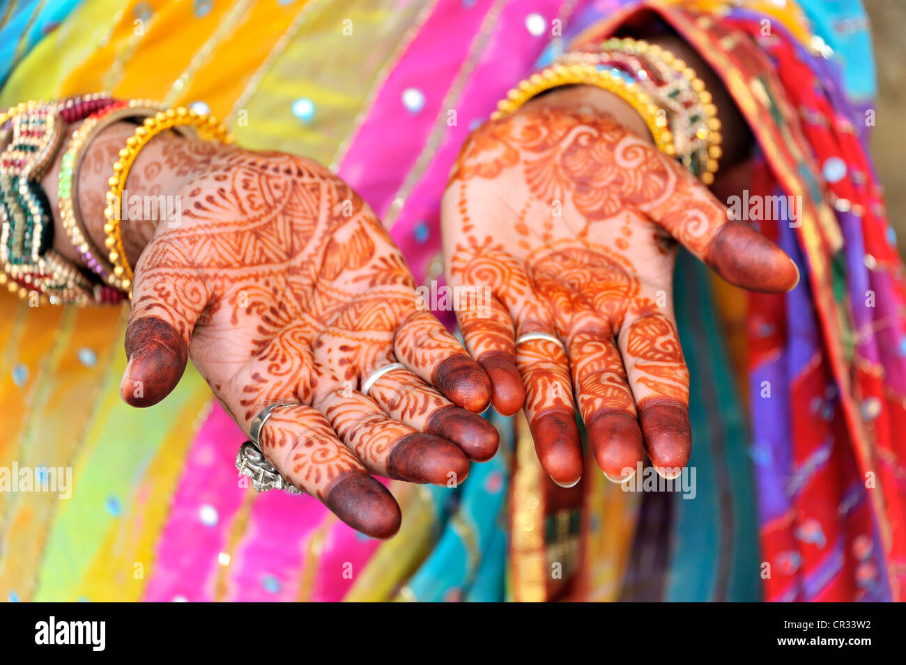 Festive henna mehndi painting on the palms of an Indian woman, precious ...
