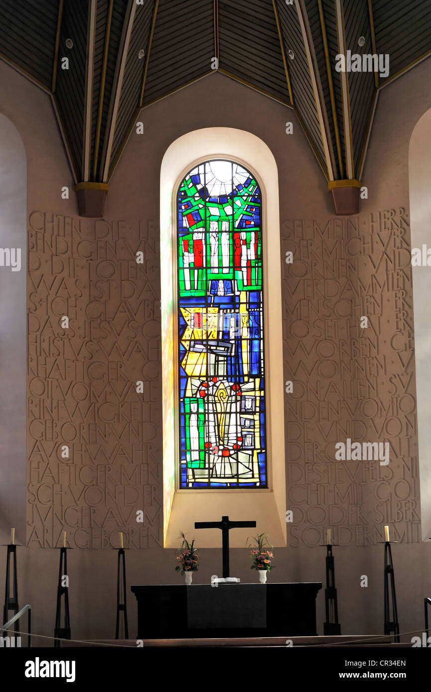 Stained-glass window, interior view, Dreifaltigkeitskirche church ...