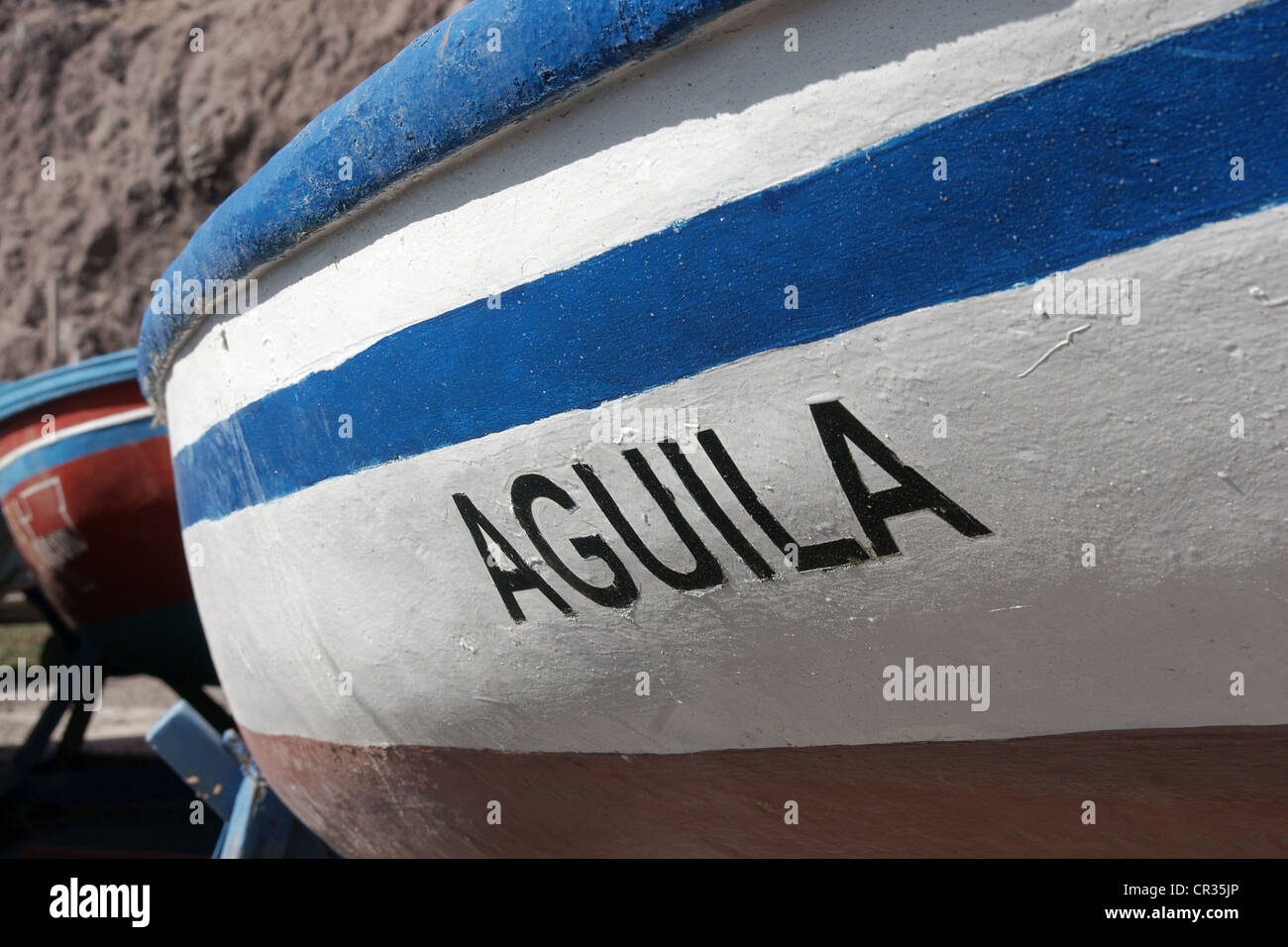 Aguila fishing boat, lettering, Playa de Marfolin, Los Lagos Cotillo ...