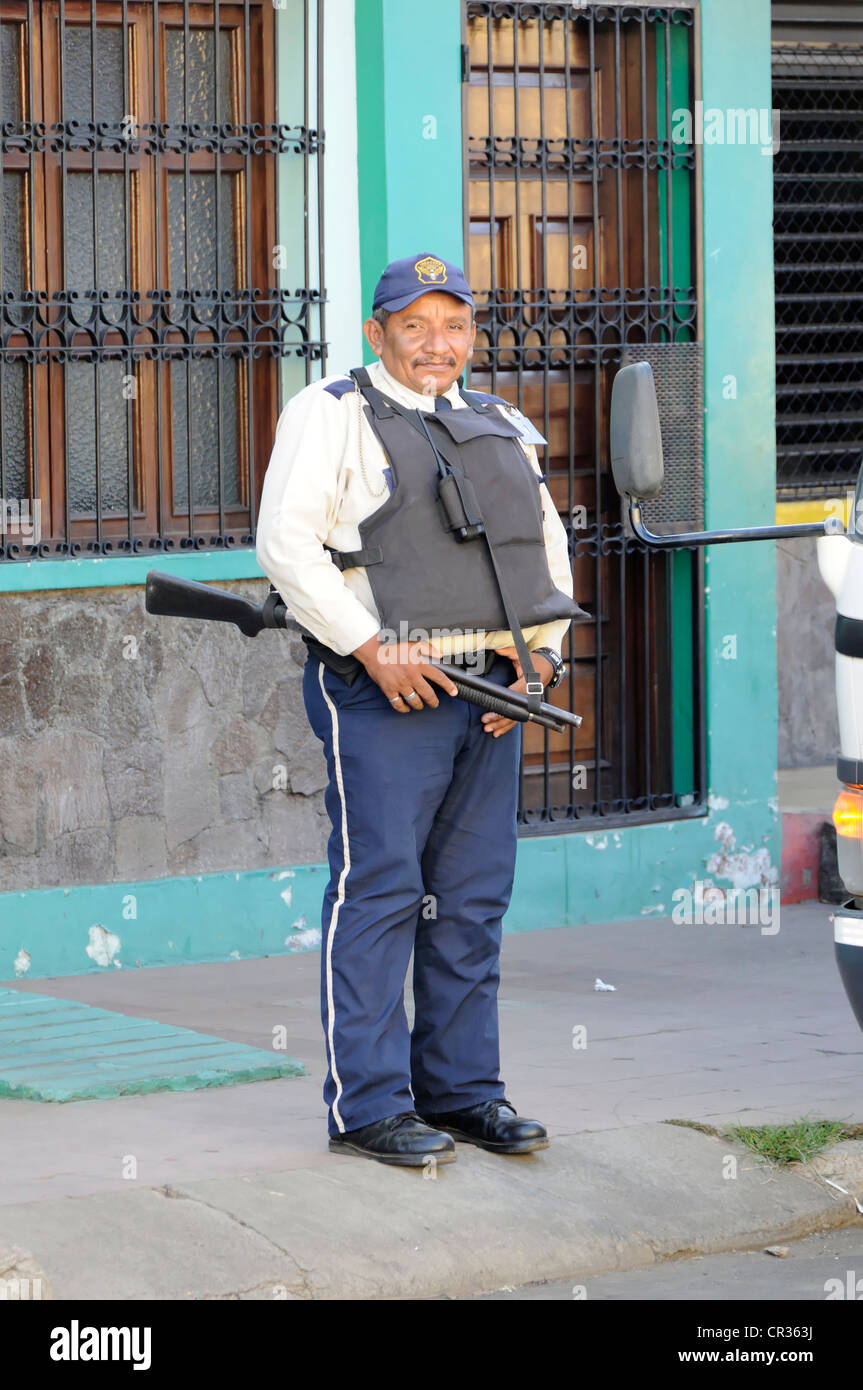 Security guard, armed security guard in front of a bank, Nicaragua ...
