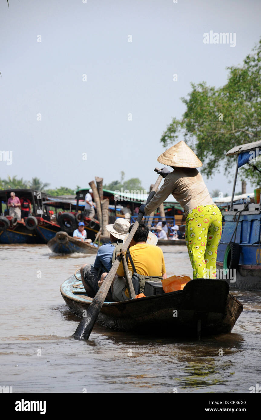 Female rower, row boat tour on a river, My Tho, Vietnam, Southeast Asia ...