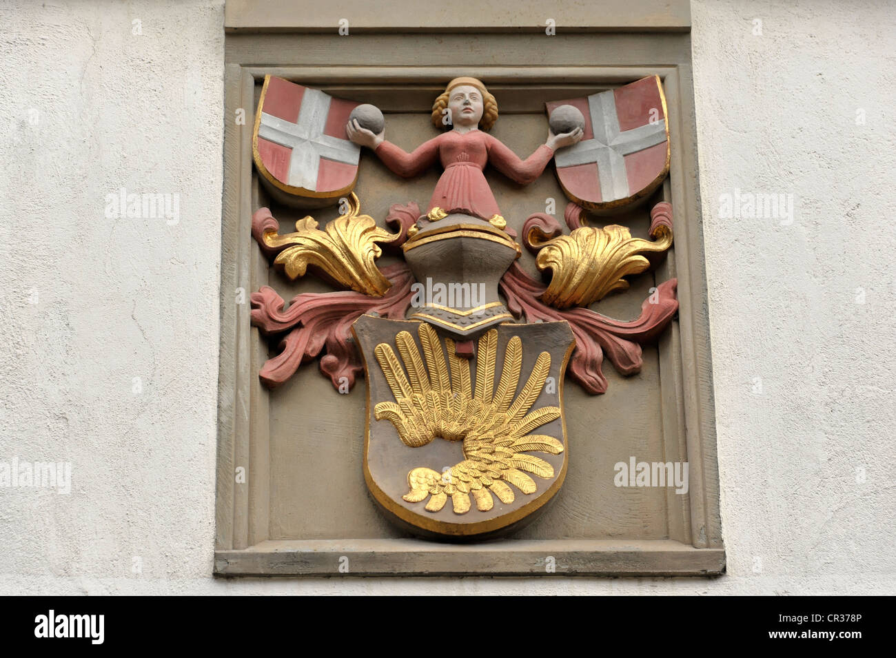 Coat of arms on a crime museum, historic Rothenburg ob der Tauber ...