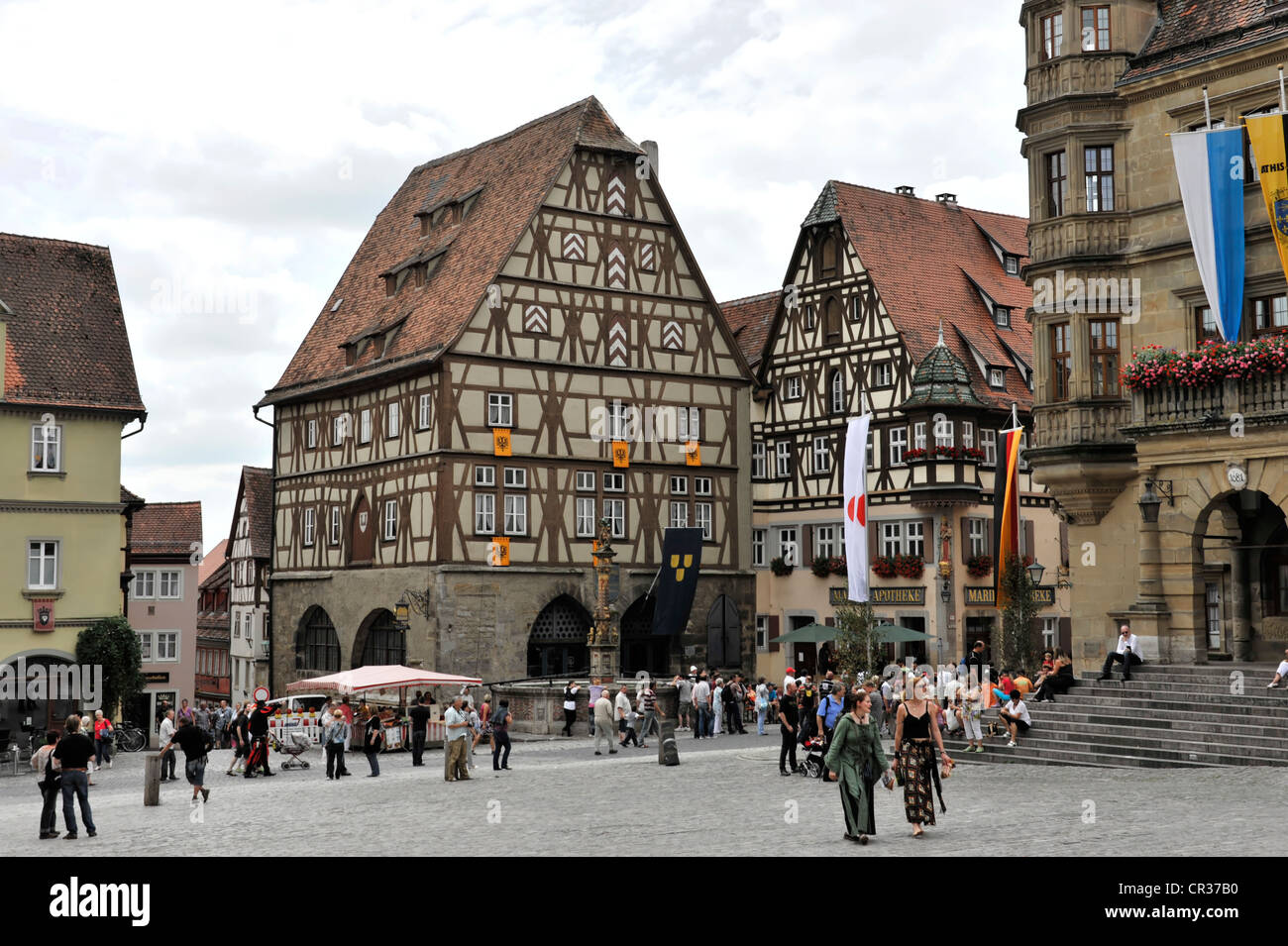 Marktplatz square near the town hall, historic city of Rothenburg ob ...
