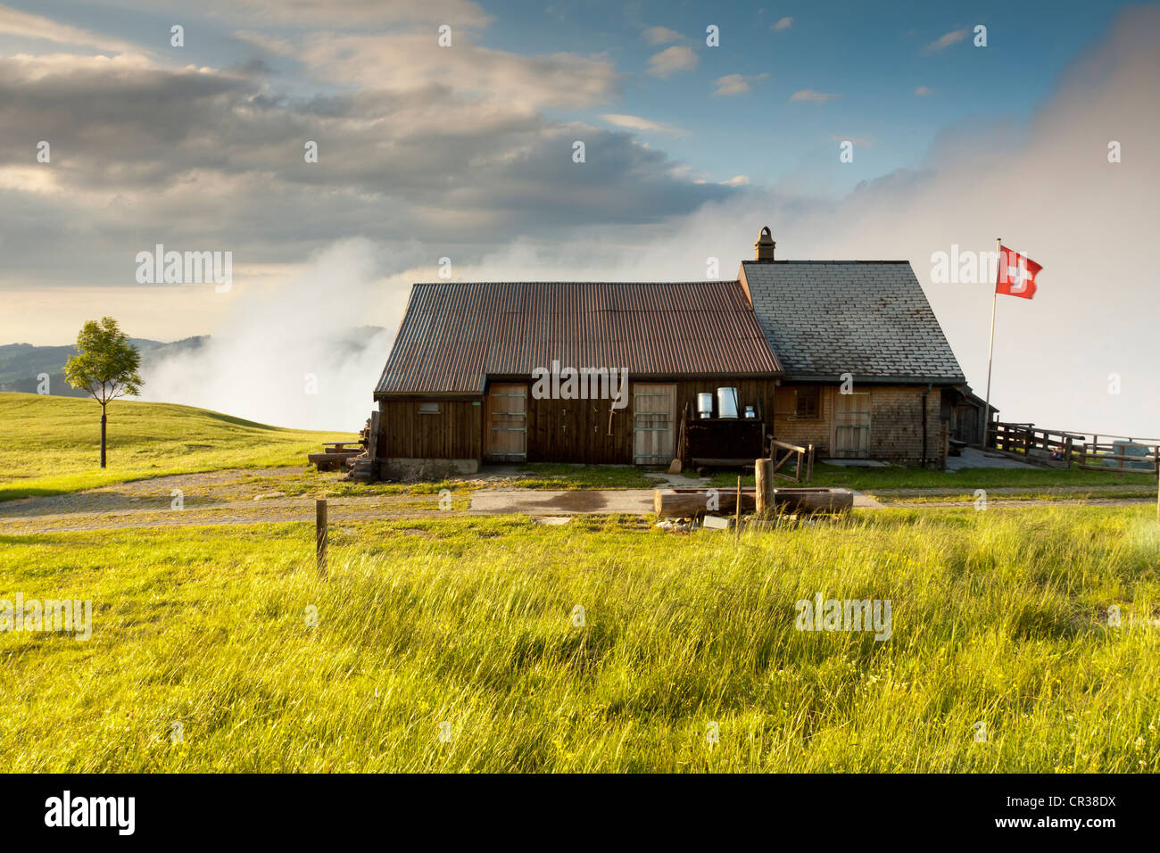 Swiss alpine farm with clouds in the valley below Mt Faenerenspitz ...