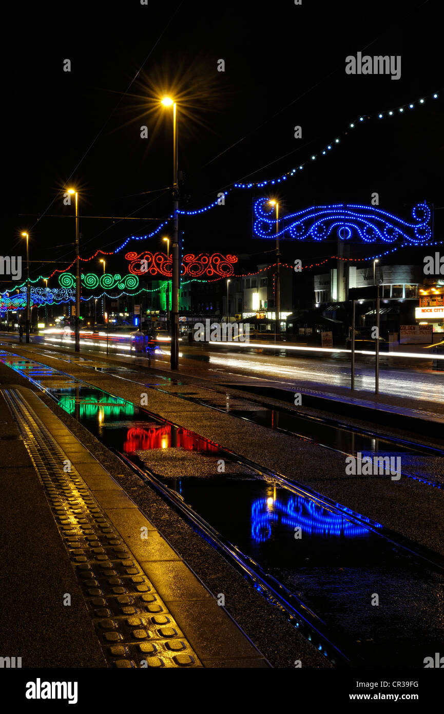 Blackpool illuminations reflections on a wet night Stock Photo - Alamy