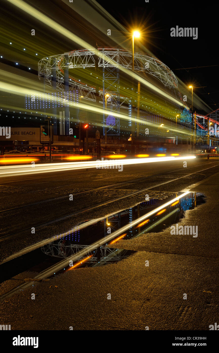Blackpool illuminations reflections on a wet night Stock Photo - Alamy