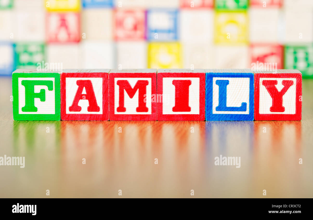 Family Spelled Out in Alphabet Building Blocks Stock Photo - Alamy