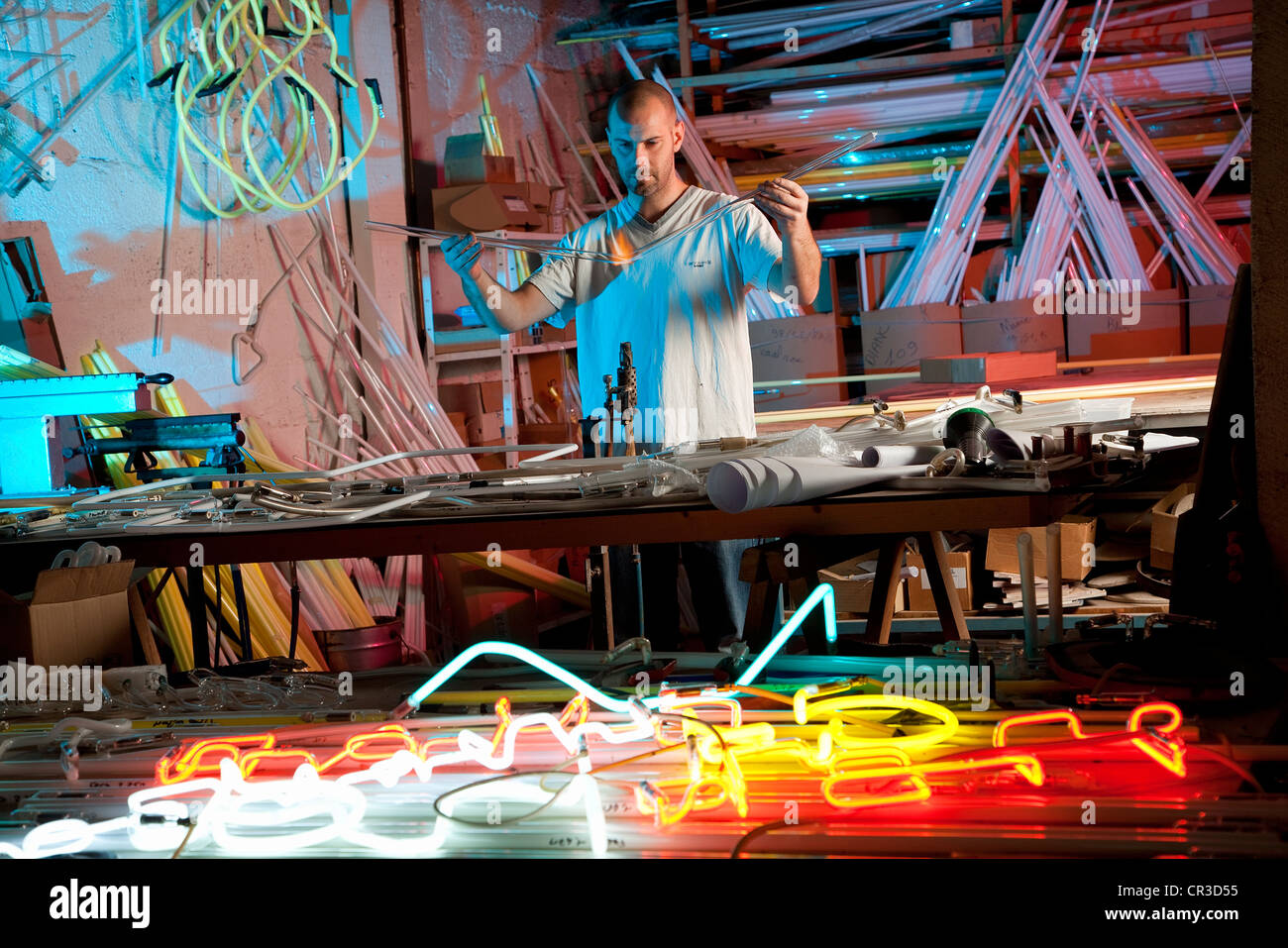 France, Pantin, Vito Enseignes Workshop making neon and lighted signs ...