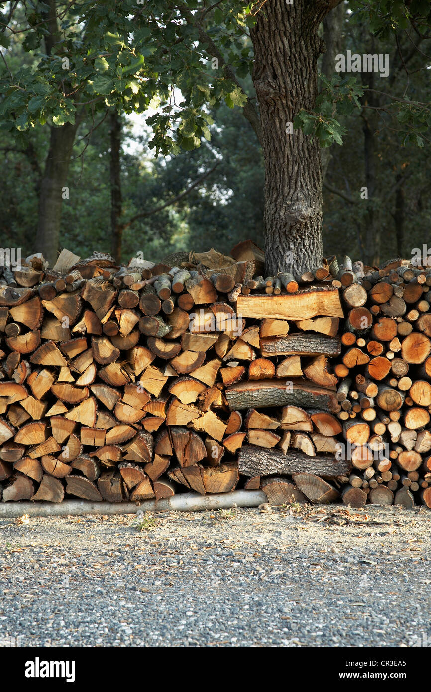 Close-up of a perimeter garden wall made up of fire logs stacked around ...