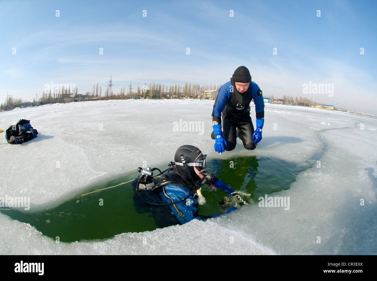 Preparations for subglacial diving, ice diving in the frozen Black Sea ...