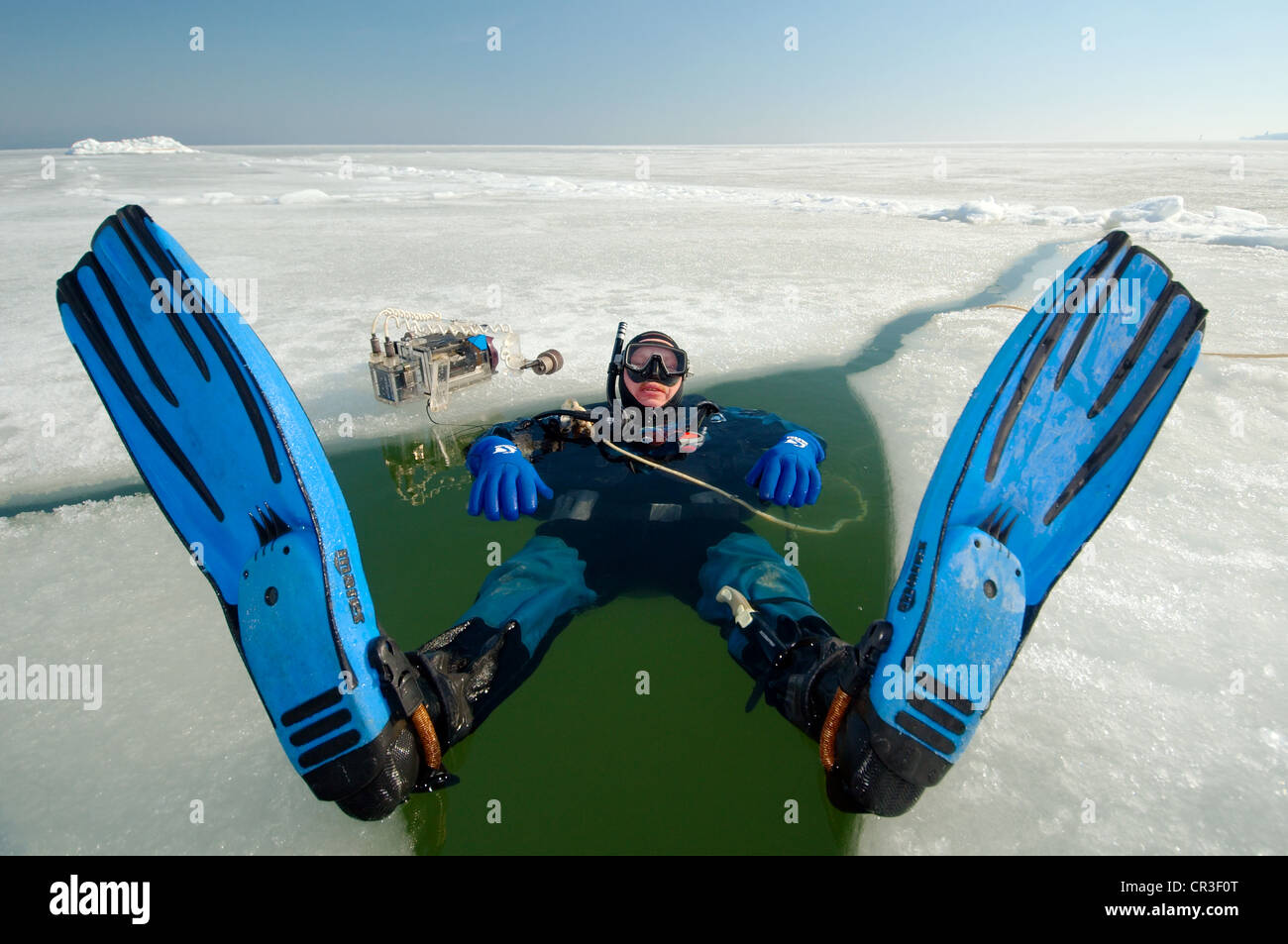 Preparations for subglacial diving, ice diving in the frozen Black Sea ...