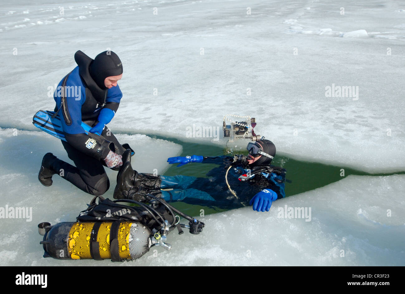 Preparations for subglacial diving, ice diving in the frozen Black Sea ...