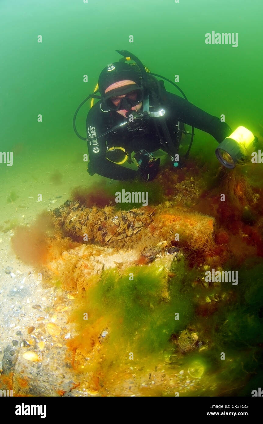 Scuba diver with ammunition, cartridges, bullets, in the underwater ...